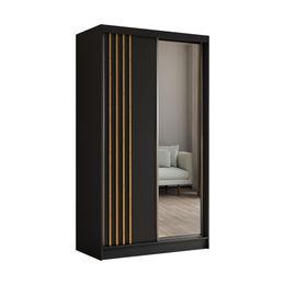 KLEIDERSCHRANK mit Spiegel-Schiebet&uuml;ren und Aluminium-Leisten, LED-Beleuchtung - NALLA - 120 cm Schwarz+Schwarz+Artisan