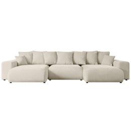 WOHNLANDSCHAFT mit Schlaffunktion ESKAR-U -364x176x72cm Beige Velours