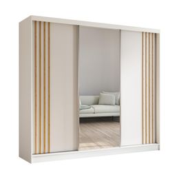 KLEIDERSCHRANK mit Spiegel-Schiebet&uuml;ren und Aluminium-Leisten, LED-Beleuchtung - NALLA - 240 cm Wei&szlig;+Wei&szlig;+Artisan
