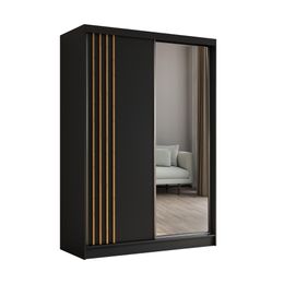 KLEIDERSCHRANK mit Spiegel-Schiebet&uuml;ren und Aluminium-Leisten, LED-Beleuchtung - NALLA - 150 cm Schwarz+Schwarz+Artisan
