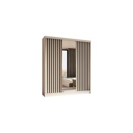 KLEIDERSCHRANK mit Spiegel-Schiebet&uuml;ren und Aluminium-Leisten, LED-Beleuchtung - LAMELO - 180 cm Wei&szlig;+Wei&szlig;+Schwarz