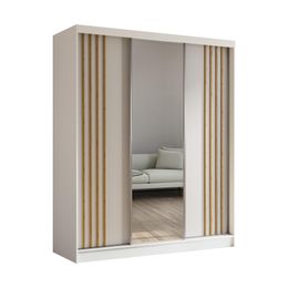 KLEIDERSCHRANK mit Spiegel-Schiebet&uuml;ren und Aluminium-Leisten - NALLA - 180 cm Wei&szlig;+Wei&szlig;+Artisan