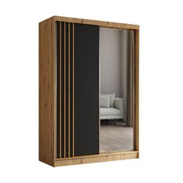 KLEIDERSCHRANK mit Spiegel-Schiebet&uuml;ren und Aluminium-Leisten, LED-Beleuchtung - NALLA - 150 cm Artisan+Schwarz+Artisan