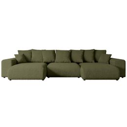 WOHNLANDSCHAFT mit Schlaffunktion ESKAR-U -364x176x72cm Gr&uuml;n Boucl&eacute;