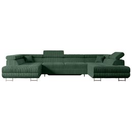 WOHNLANDSCHAFT mit Schlaffunktion und Bettkasten GUSA-U 342x202x107 cm Gr&uuml;n Cord