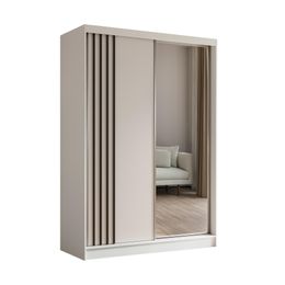 KLEIDERSCHRANK mit Spiegel-Schiebet&uuml;ren und Aluminium-Leisten - NALLA - 150 cm Wei&szlig;+Wei&szlig;+Schwarz