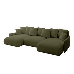 WOHNLANDSCHAFT mit Schlaffunktion und Bettkasten ONESK-U-v1 317x177x72 Gr&uuml;n Boucl&eacute;