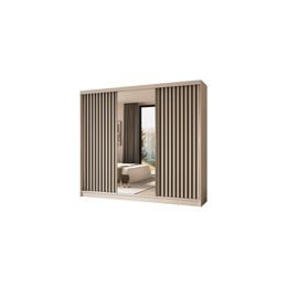 KLEIDERSCHRANK mit Spiegel-Schiebet&uuml;ren und Aluminium-Leisten - LAMELO - 240 cm Wei&szlig;+Wei&szlig;+Schwarz