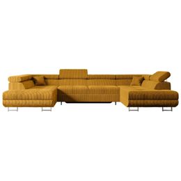 WOHNLANDSCHAFT mit Schlaffunktion und Bettkasten GUSA-U 342x202x107 cm Senfgelb Cord