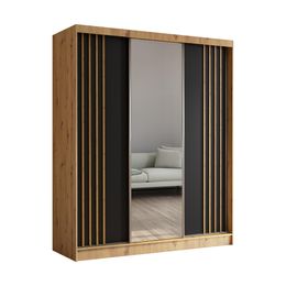 KLEIDERSCHRANK mit Spiegel-Schiebet&uuml;ren und Aluminium-Leisten, LED-Beleuchtung - NALLA - 180 cm Artisan+Schwarz+Artisan