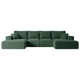 WOHNLANDSCHAFT mit Schlaffunktion und Bettkasten SIERRA-U-S - 349x161x87 cm Gr&uuml;n Cord