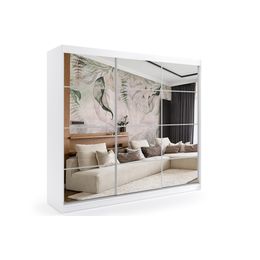 KLEIDERSCHRANK mit Spiegel-Schiebet&uuml;ren und Aluminium-Leisten, LED-Beleuchtung - VIVI - 240 cm Wei&szlig;