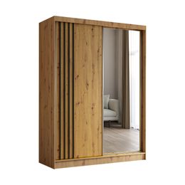 KLEIDERSCHRANK mit Spiegel-Schiebet&uuml;ren und Aluminium-Leisten - NALLA - 160 cm Artisan+Artisan+Schwarz