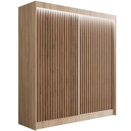KLEIDERSCHRANK mit LED, Lamel-Schiebet&uuml;ren VILANv2 - 200 cm Sonoma Eiche + Sonoma Eiche + Lamelle Eiche Wotan