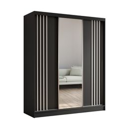 KLEIDERSCHRANK mit Spiegel-Schiebet&uuml;ren und Aluminium-Leisten, LED-Beleuchtung - NALLA - 180 cm Schwarz+Schwarz+Wei&szlig;