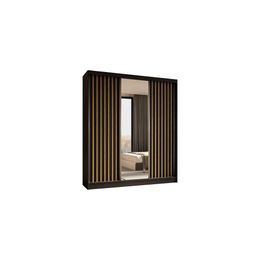 KLEIDERSCHRANK mit Spiegel-Schiebet&uuml;ren und Aluminium-Leisten - LAMELO - 180 cm Schwarz+Schwarz+ Artisan