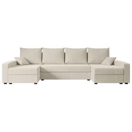 WOHNLANDSCHAFT mit Schlaffunktion und Bettkasten ALESIA-U 301x140x90 cm Beige Velours