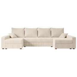 WOHNLANDSCHAFT mit Schlaffunktion und Bettkasten ALESIA-U 301x140x90 cm Beige Cord