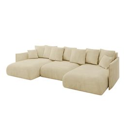 WOHNLANDSCHAFT mit Schlaffunktion und Bettkasten ONESK-U 317x177x72 Beige Velours