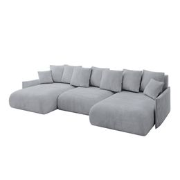 WOHNLANDSCHAFT mit Schlaffunktion und Bettkasten ONESK-U-v1 317x177x72 Hellgrau Velours