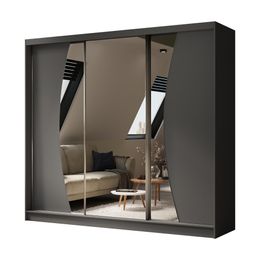 KLEIDERSCHRANK mit Spiegel-Schiebet&uuml;ren und Aluminium-Leisten, LED-Beleuchtung (- VOXI - 240 cm Grau