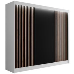 KLEIDERSCHRANK mit LED, Lamel-Schiebet&uuml;ren VILANv2 - 250 cm Wei&szlig; + Lamelle Eiche Wotan