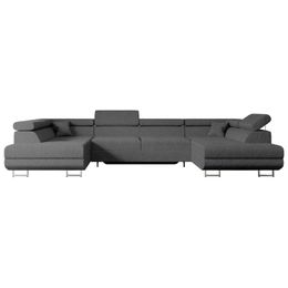 WOHNLANDSCHAFT mit Schlaffunktion und Bettkasten GUSA-U 342x202x107 cm Grau Boucl&eacute;