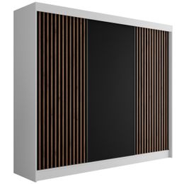 KLEIDERSCHRANK mit Lamel-Schiebet&uuml;ren VILANv2 - 250 cm Wei&szlig; + Lamelle Eiche Wotan