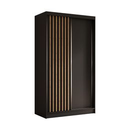 KLEIDERSCHRANK mit furnierten Schiebet&uuml;ren und Aluminium-Leisten, LED-Beleuchtung - LABELO - 120 cm Schwarz+Schwarz+Artisan