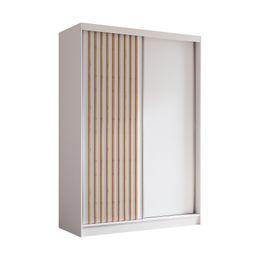 KLEIDERSCHRANK mit furnierten Schiebet&uuml;ren und Aluminium-Leisten - LABELO - 150 cm Wei&szlig;+Wei&szlig;+Artisan
