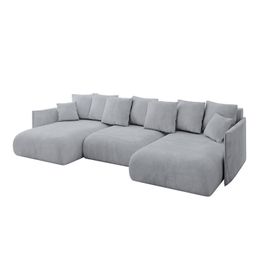 WOHNLANDSCHAFT mit Schlaffunktion und Bettkasten ONESK-U 317x177x72 Hellgrau Velours