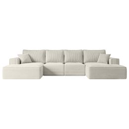 WOHNLANDSCHAFT mit Schlaffunktion und Bettkasten SIERRA-U-S - 349x161x87 cm Creme Cord