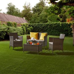 Ambia Garden Loungegarnitur, Braun, Grau, Metall, Kunststoff, Glas, Textil, 4-teilig, Tisch mit Glasplatte, geeignet f&uuml;r Balkon, Loungem&ouml;bel, Gartenlounge-Sets