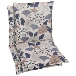 Sesselauflagenset, Blau, Beige, Textil, 2-teilig, Floral, F&uuml;llung: Schaumstoff, Vlies, 50x6x100 cm, Oeko-Tex&reg; Standard 100, pflegeleicht, hochwertige Qualit&auml;t, langlebig, f&uuml;r den Au&szlig;enbereich geeignet, mittels B&auml;ndern zu befestigen, Gurtband befestigen, Outdoor-Kissen, Gartenstuhlauflagen, Niedriglehner-Auflagen
