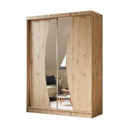 KLEIDERSCHRANK mit Spiegel-Schiebet&uuml;ren und Aluminium-Leisten - VOXI - 160 cm Eiche Artisan