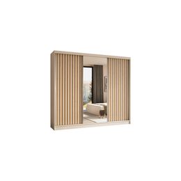 KLEIDERSCHRANK mit Spiegel-Schiebet&uuml;ren und Aluminium-Leisten, LED-Beleuchtung - LAMELO - 240 cm Wei&szlig;+Wei&szlig;+Artisan