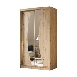 KLEIDERSCHRANK mit Spiegel-Schiebet&uuml;ren und Aluminium-Leisten - VOXI - 120 cm Eiche Artisan