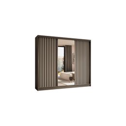 KLEIDERSCHRANK mit Spiegel-Schiebet&uuml;ren und Aluminium-Leisten, LED-Beleuchtung - LAMELO - 240 cm Grau+Grau+Wei&szlig;