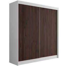 KLEIDERSCHRANK mit Lamel-Schiebet&uuml;ren VILANv2 - 200 cm Wei&szlig; + Lamelle Eiche Wotan