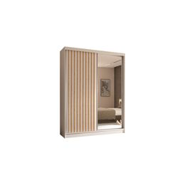 KLEIDERSCHRANK mit Spiegel-Schiebet&uuml;ren und Aluminium-Leisten, LED-Beleuchtung - LAMELO - 160 cm Wei&szlig;+Wei&szlig;+Artisan