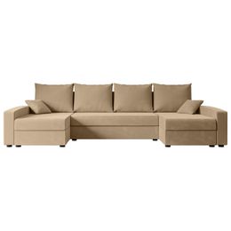 WOHNLANDSCHAFT mit Schlaffunktion und Bettkasten ALESIA-U 301x140x90 cm Beige Velours