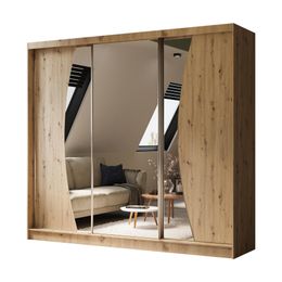 KLEIDERSCHRANK mit Spiegel-Schiebet&uuml;ren und Aluminium-Leisten, LED-Beleuchtung - VOXI - 240 cm Eiche Artisan