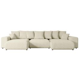 WOHNLANDSCHAFT mit Schlaffunktion ESKAR-U -364x176x72cm Beige Boucl&eacute;