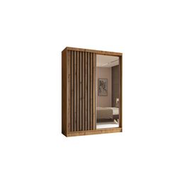 KLEIDERSCHRANK mit Spiegel-Schiebet&uuml;ren und Aluminium-Leisten, LED-Beleuchtung - LAMELO- 150 cm Artisan+Artisan+Schwarz