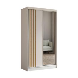 KLEIDERSCHRANK mit Spiegel-Schiebet&uuml;ren und Aluminium-Leisten - NALLA - 120 cm Wei&szlig;+Wei&szlig;+Artisan