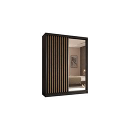 KLEIDERSCHRANK mit Spiegel-Schiebet&uuml;ren und Aluminium-Leisten, LED-Beleuchtung -LAMELO- 160 cm Schwarz+Schwarz+Artisan