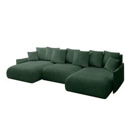 WOHNLANDSCHAFT mit Schlaffunktion und Bettkasten ONESK-U-v1 317x177x72 Gr&uuml;n Cord