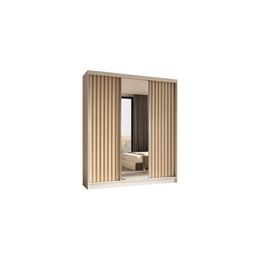 KLEIDERSCHRANK mit Spiegel-Schiebet&uuml;ren und Aluminium-Leisten, LED-Beleuchtung - LAMELO - 180 cm Wei&szlig;+Wei&szlig;+Artisan