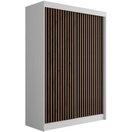 KLEIDERSCHRANK mit Lamel-Schiebet&uuml;ren VILANv2 - 150 cm Wei&szlig; + Lamelle Eiche Wotan