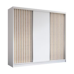KLEIDERSCHRANK mit furnierten Schiebet&uuml;ren und Aluminium-Leisten - LABELO - 240 cm Wei&szlig;+Wei&szlig;+Artisan